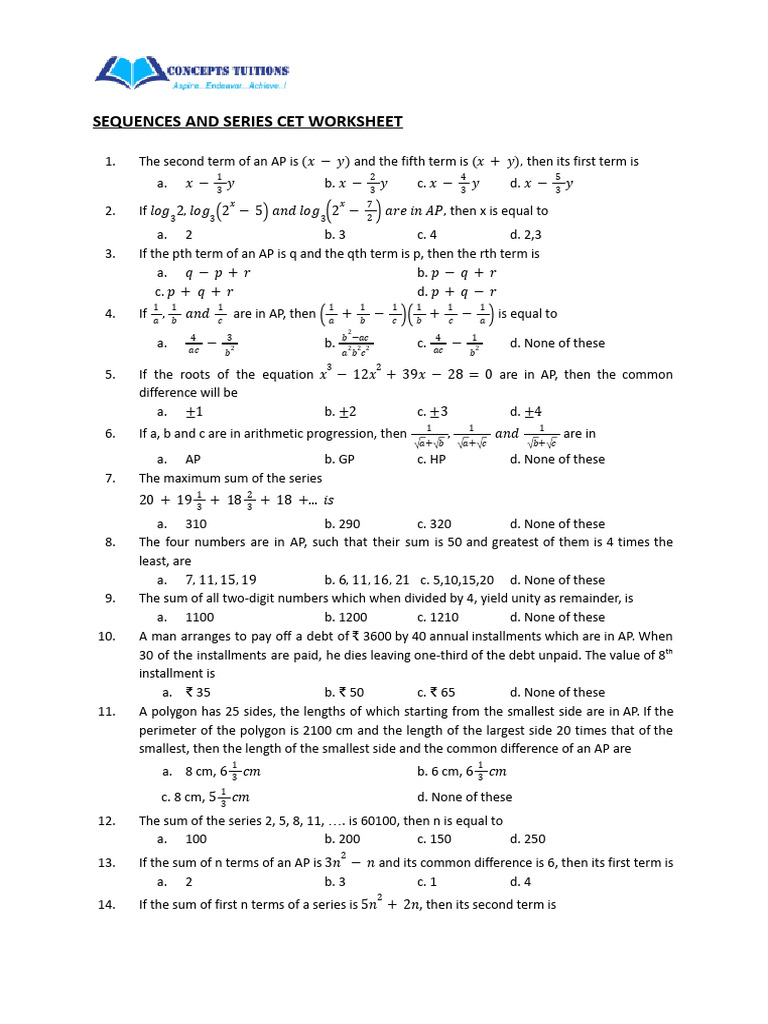 Sequences and Series CET Worksheet | PDF | Discrete Mathematics ...