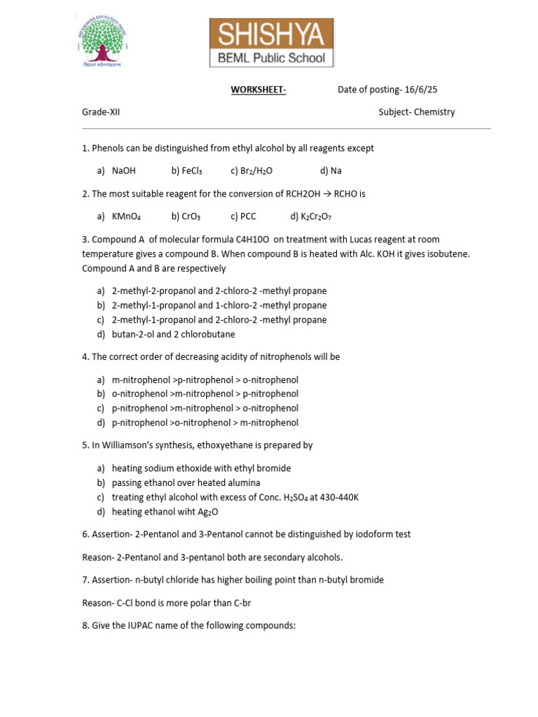 Chemistry Worksheet Grade XII | PDF