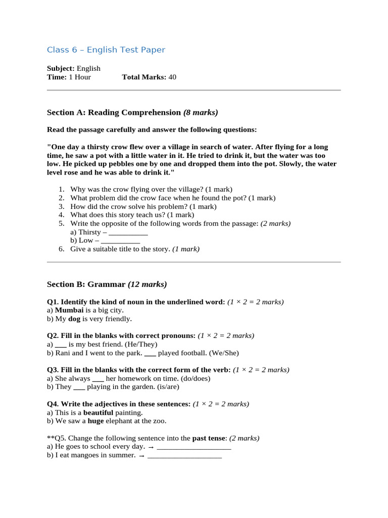 Class 6 English Test Paper Overview | PDF | Linguistics | Grammar