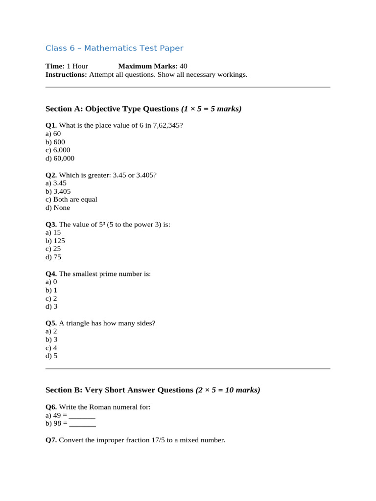 Maths Test Paper Class 6 | PDF