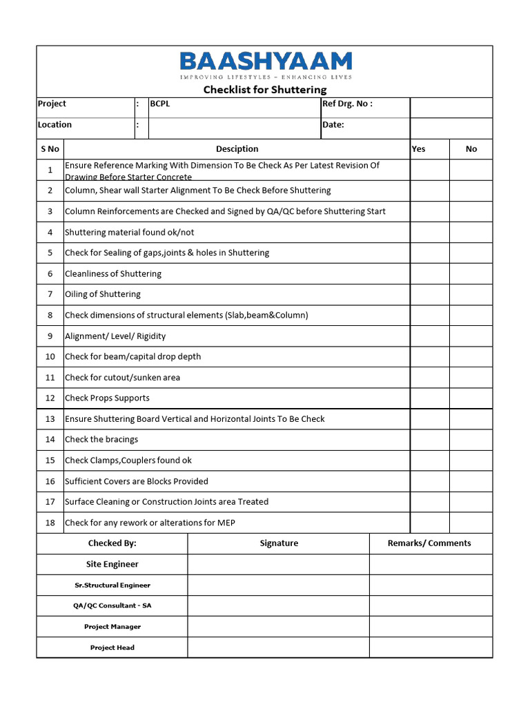 Checklist For Shuttering | PDF
