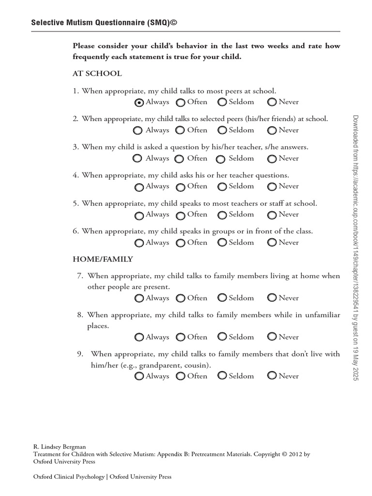 Selective Mutism Questionnaire (SMQ) Guide | PDF | Behavioural Sciences ...
