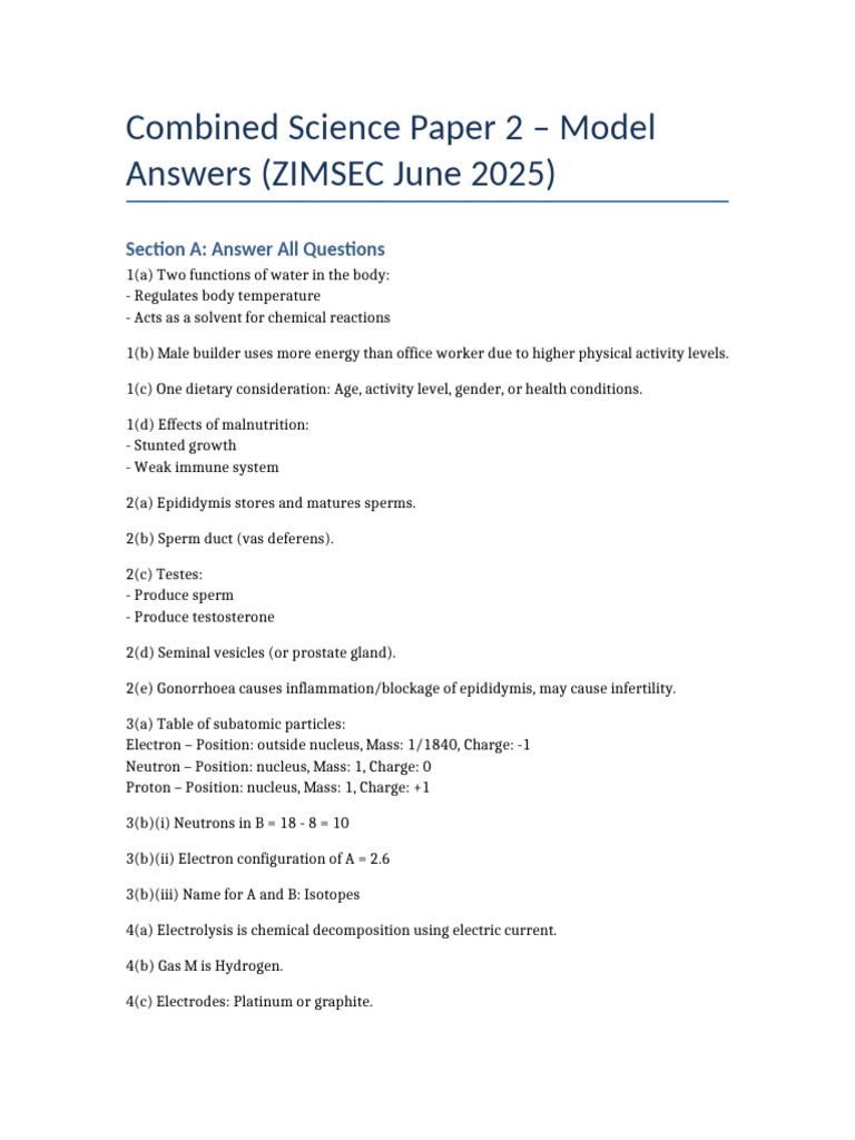 Combined Science Paper2 Answers June2025 | PDF