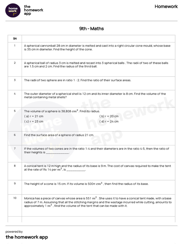 Questions - Homework - 9th - Maths - 2025-06-20T0530 | PDF | Sphere ...