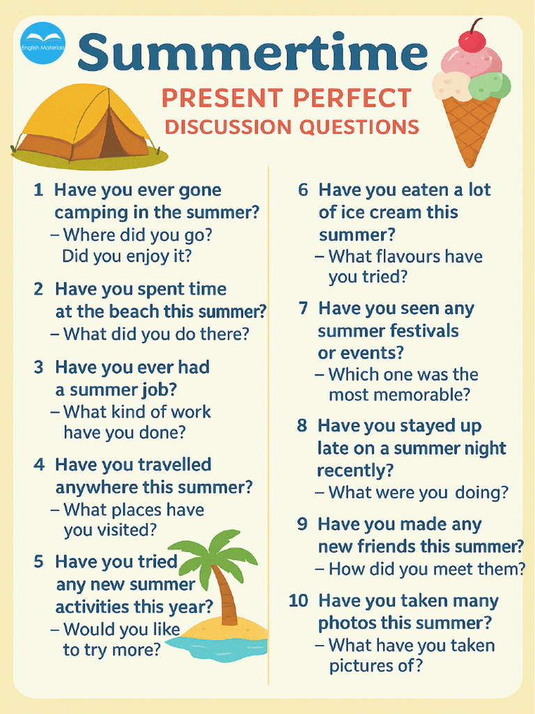 Summertime Present Perfect Discussion Questions - Englishmat-1 | PDF