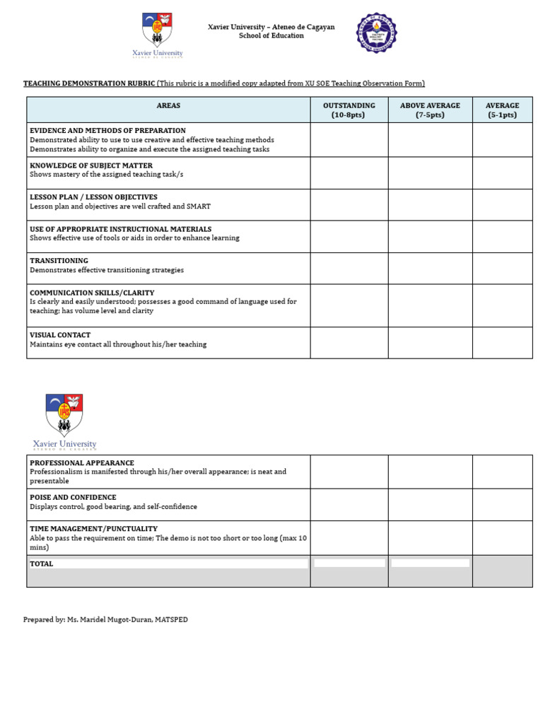 Rubric - Teaching Demo | PDF