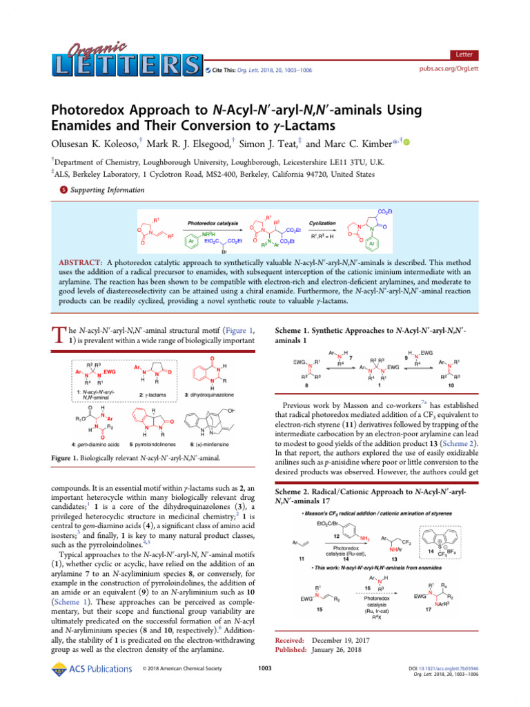 Koleoso Et Al 2018 Photoredox Approach to n Acyl n Aryl n n Aminals ...
