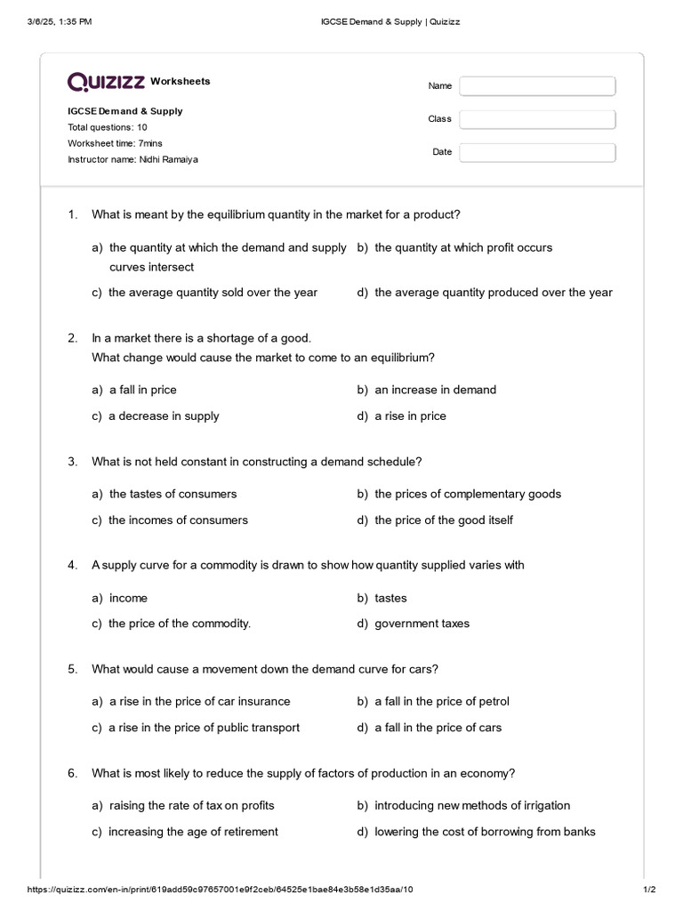 Quizizz - IGCSE Demand & Supply | PDF | Demand | Supply (Economics)
