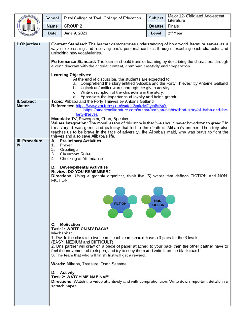 Lesson Plan Demo Finals Group 2 | PDF | One Thousand And One Nights