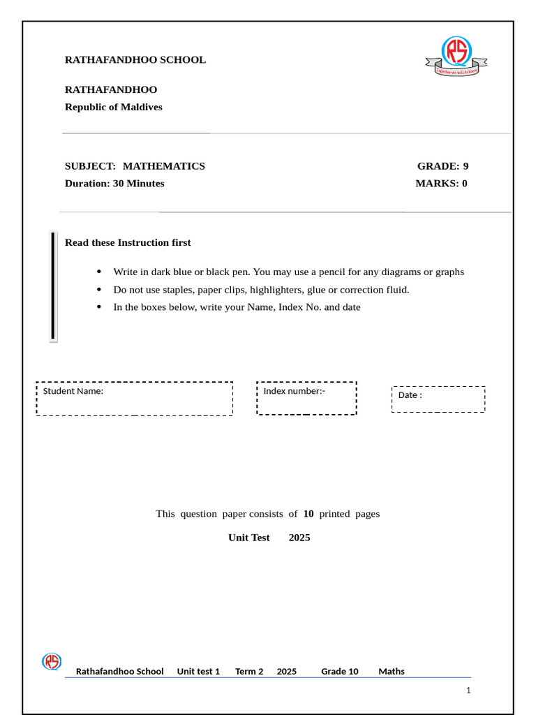 Grade 9 Mathematics Exam Paper 2025 | PDF