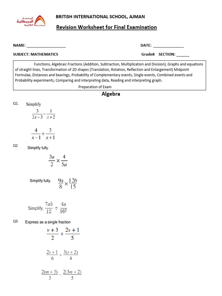 Gr8 - Revision Worksheet (Final Exam) | PDF