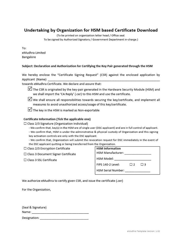 EMudhra HSM Declaration Letter | PDF