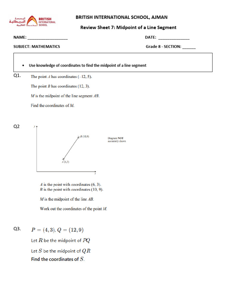 Midpoint of a Line Segment Worksheet | PDF