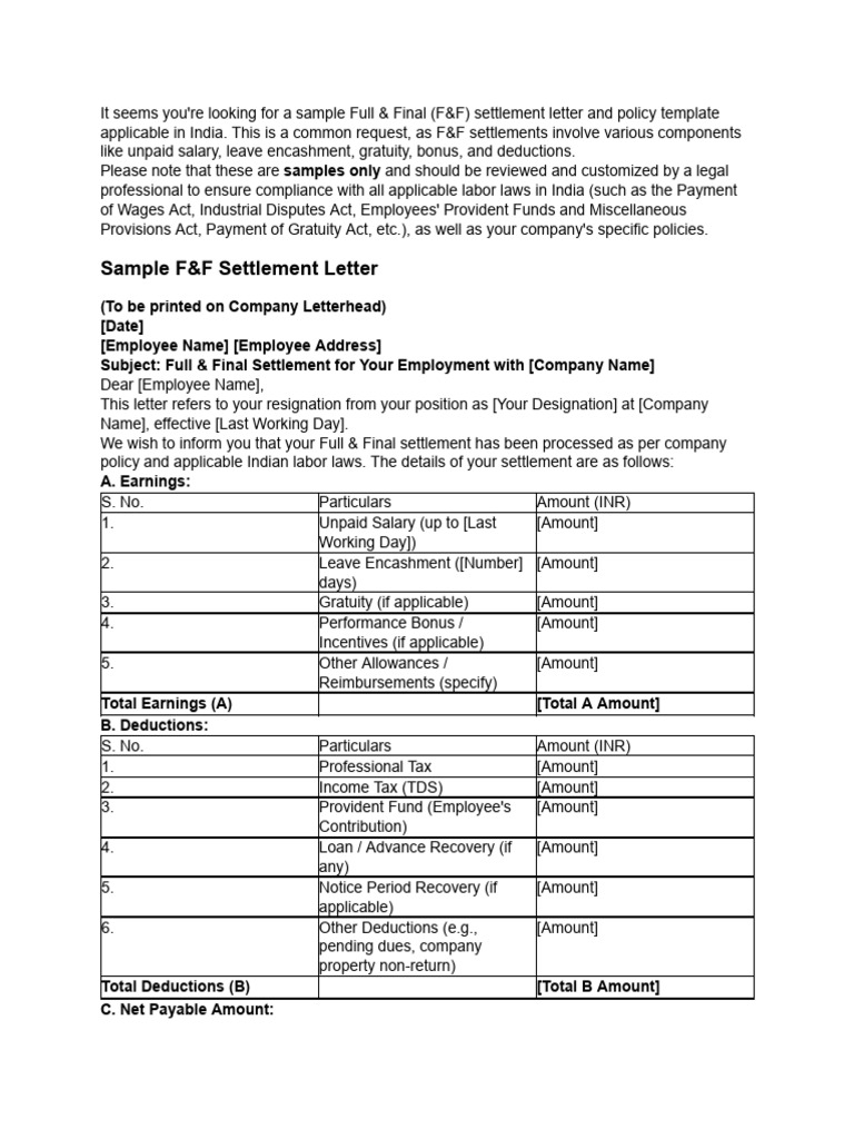 Sample F&F Settlement Letter Template | PDF | Employment | Salary