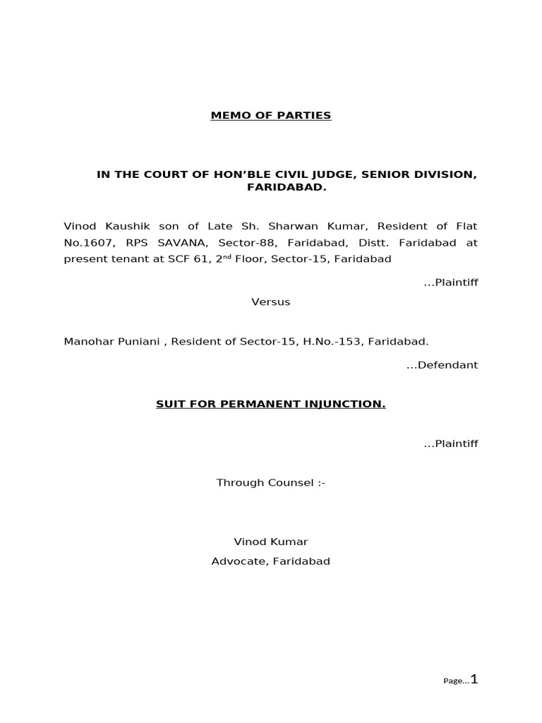 Suit For Parmanat Injunction Rent (Final) | PDF | Lawsuit | Affidavit