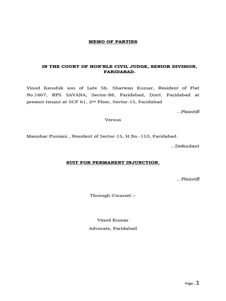 Suit For Parmanat Injunction Rent (Final) | PDF | Lawsuit | Cheque