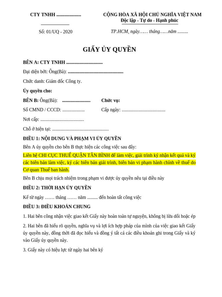 Mau giay uy quyen - 授权书 | PDF