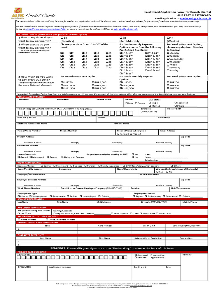 AUB Easy Mastercard Application Form | PDF | Credit Card | Fee