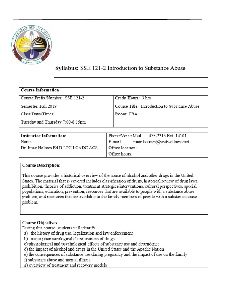 SSE 121 Introduction To Substance Abuse Syllabus | PDF | Substance ...