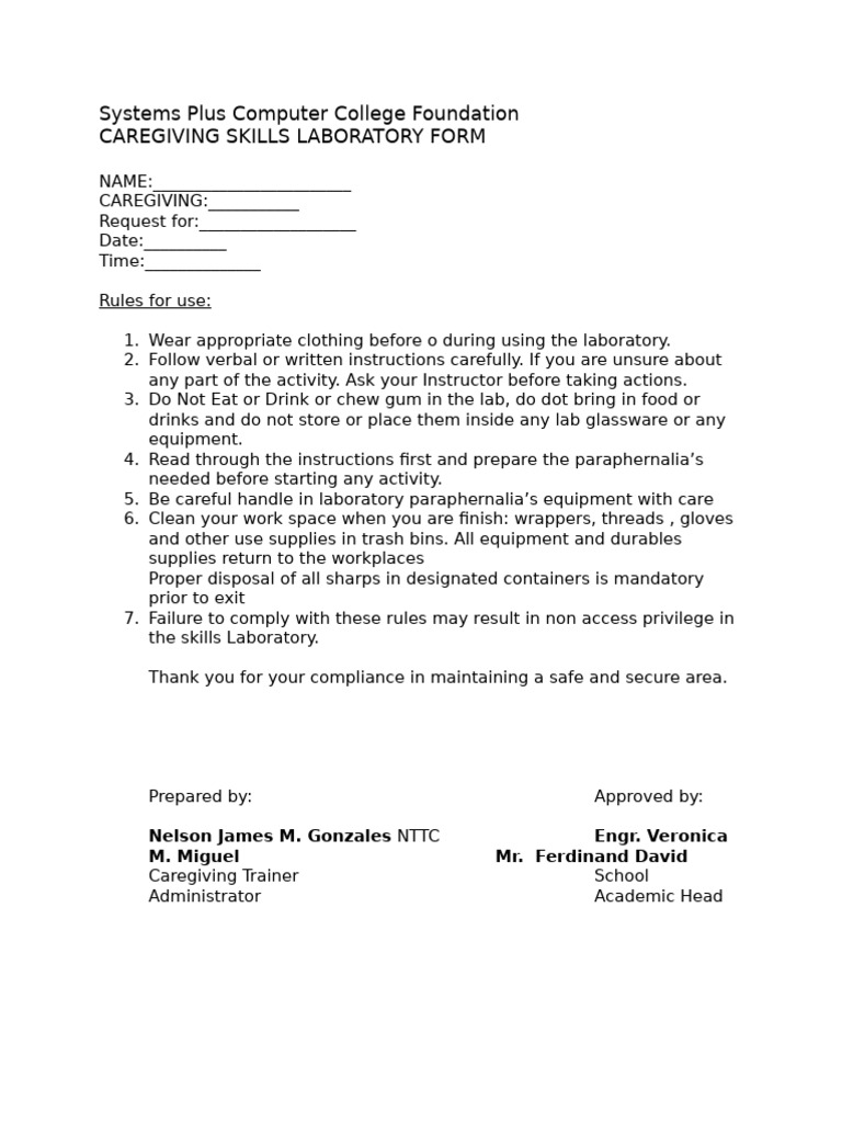 Caregiving Skills Lab Guidelines | PDF