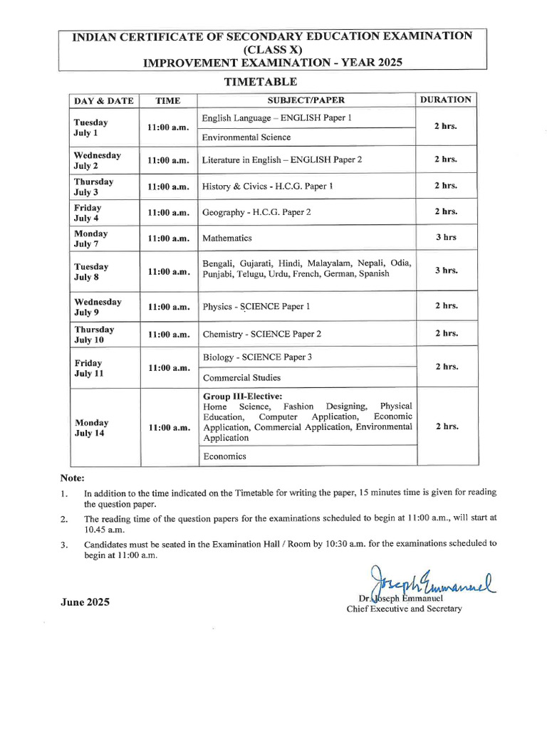 Improvement Exam Time Table-ICSE | PDF