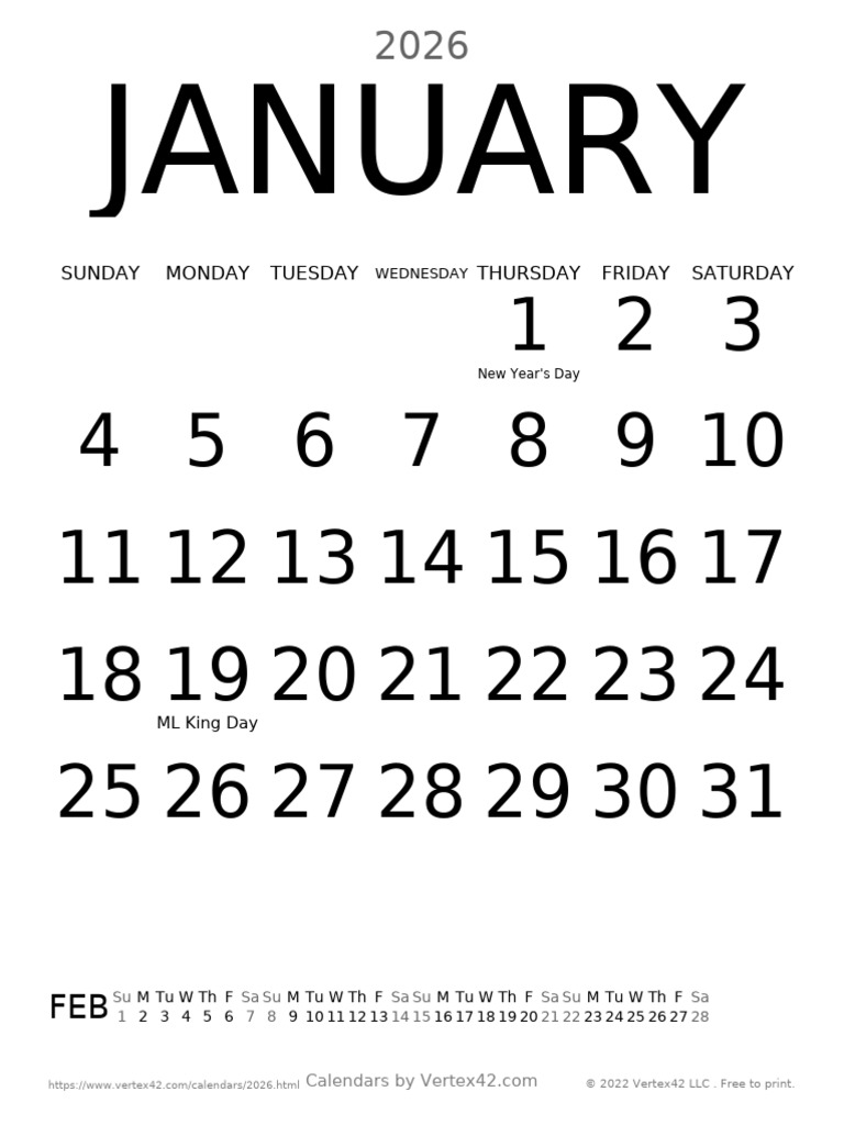2026 Large Print Calendar Portrait | PDF | Observances | Holidays