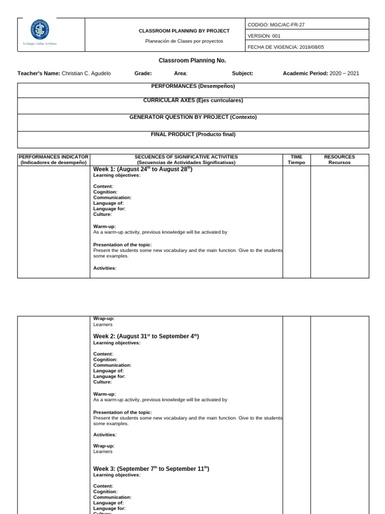 Classroom Planning Format by Project 2020-2021 | PDF | Vocabulary ...
