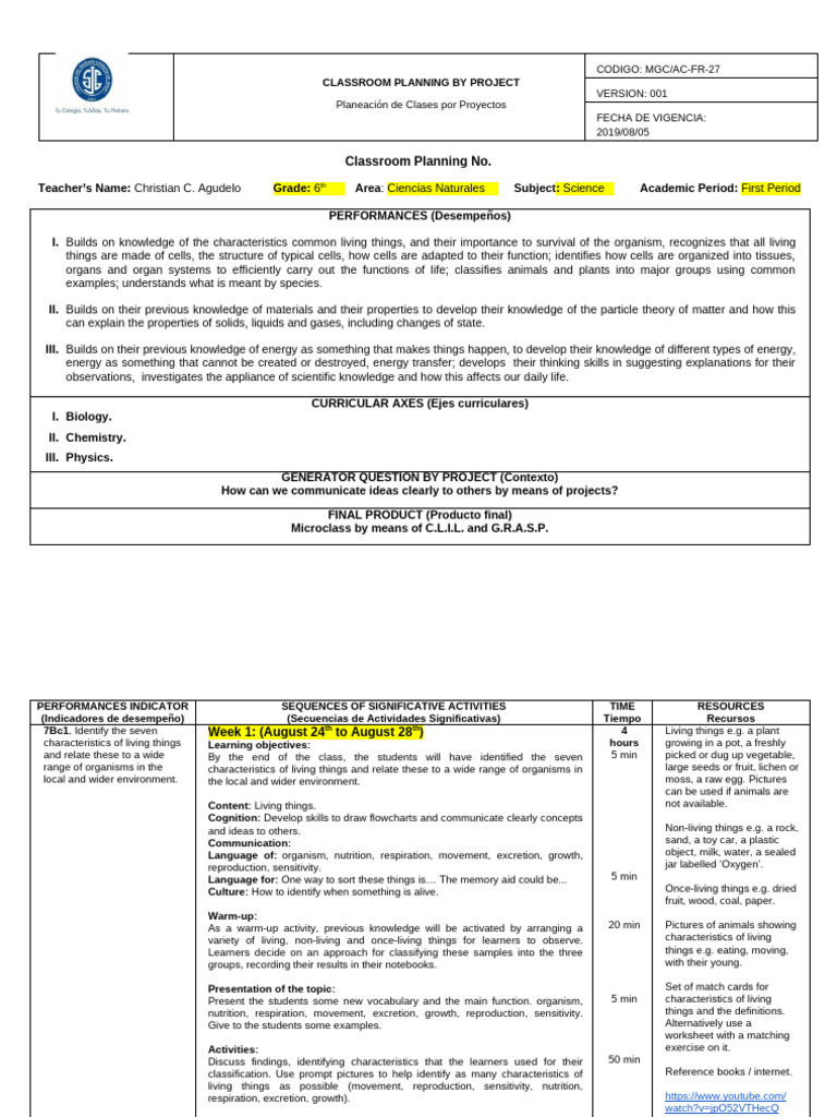 Class Planning 6th Grade - Science | PDF | Learning | Skeleton