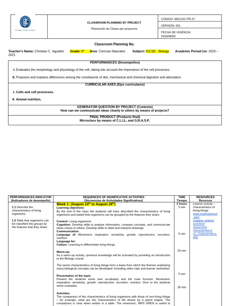 Class Planning 9th Grade - IGCSE Biology | PDF | Osmosis | Diffusion