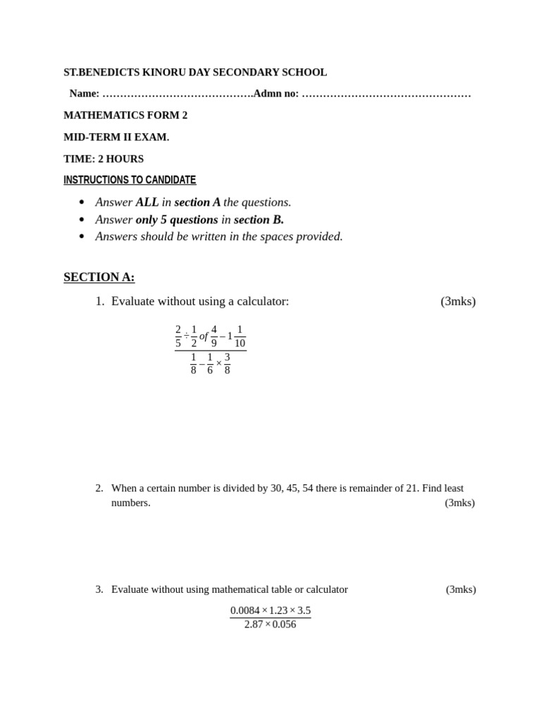 Maths Form 2 Mid-Term Exam | PDF | Volume