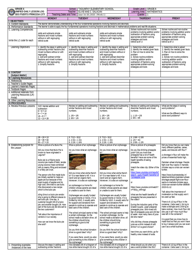 DLL MATH 6 Q1 WEEK 1 Edited-1 | PDF | Subtraction