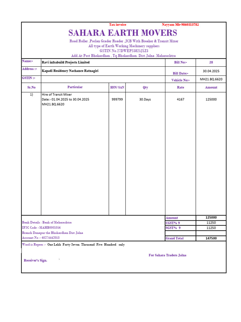 Ravi Infra Bill No 28 April-25. | PDF
