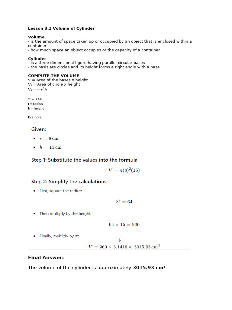 L1 Volume of Cylinder Mathematics | PDF
