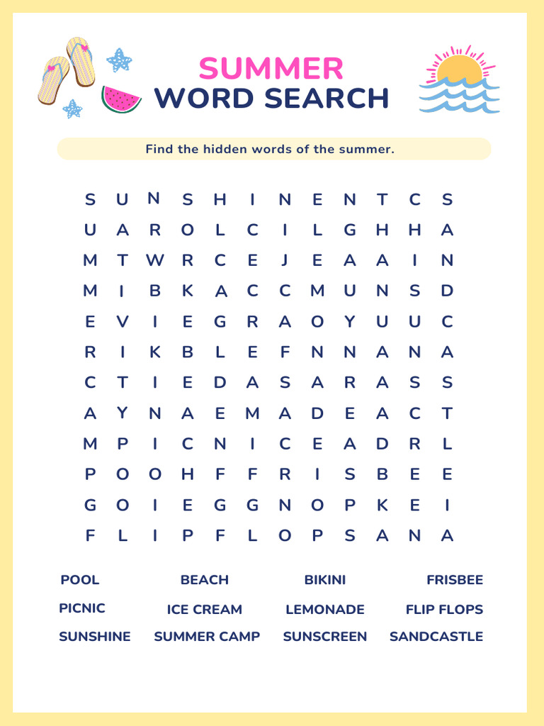 Summer Word Search Vocabulary Worksheet Yellow in Cute Style | PDF