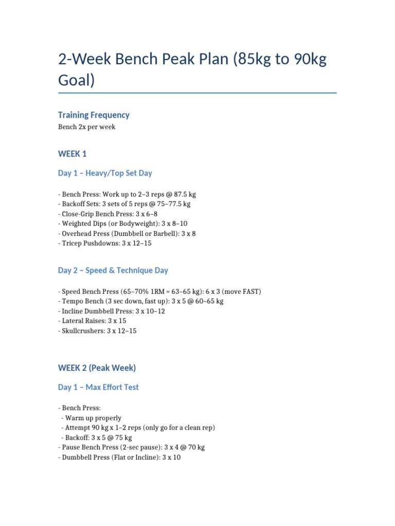 2 Week Bench Peak Plan With Log | PDF