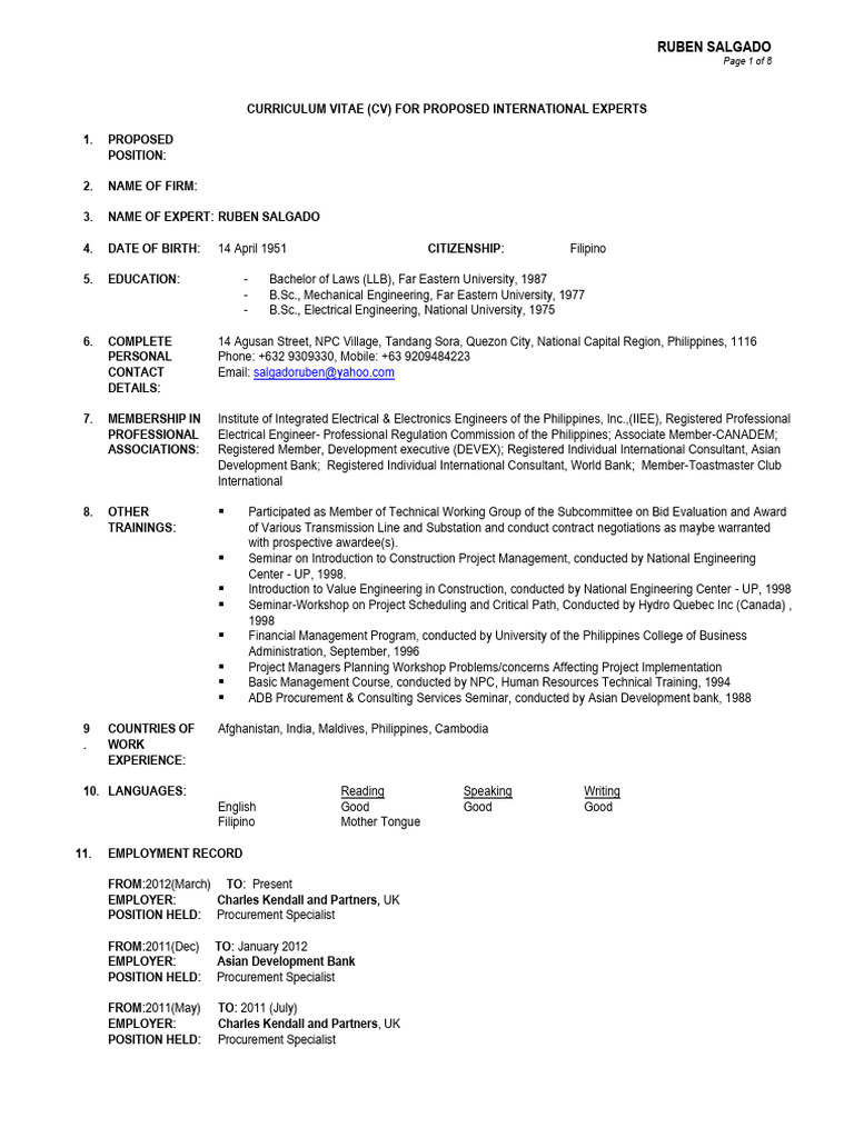 CV - Salgado - Contract & Procurement | PDF | Asian Development Bank ...