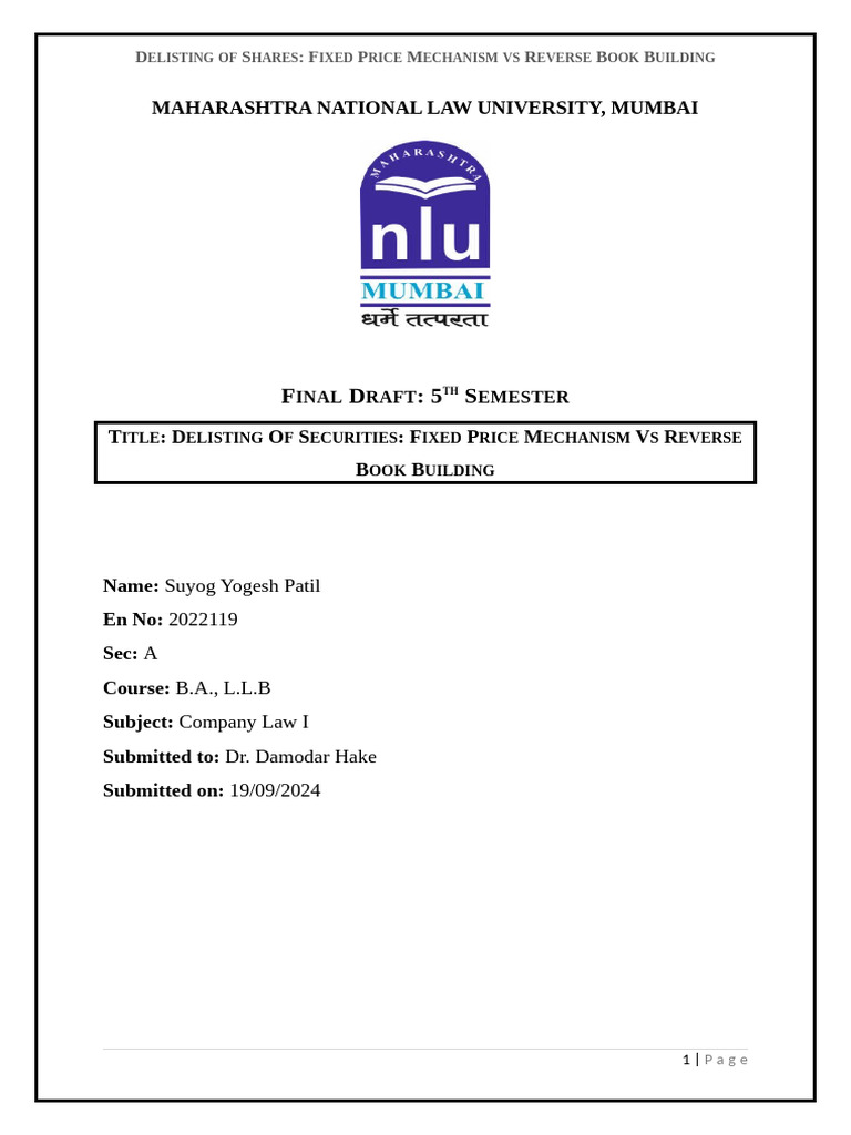 2022 119 Suyog Patil Company Law Final Draft | PDF | Stocks | Takeover