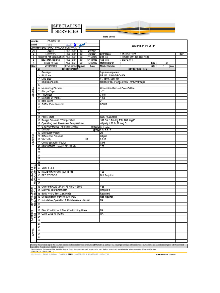 Orifice Plate Specification Document | PDF | Fluid Dynamics | Gases