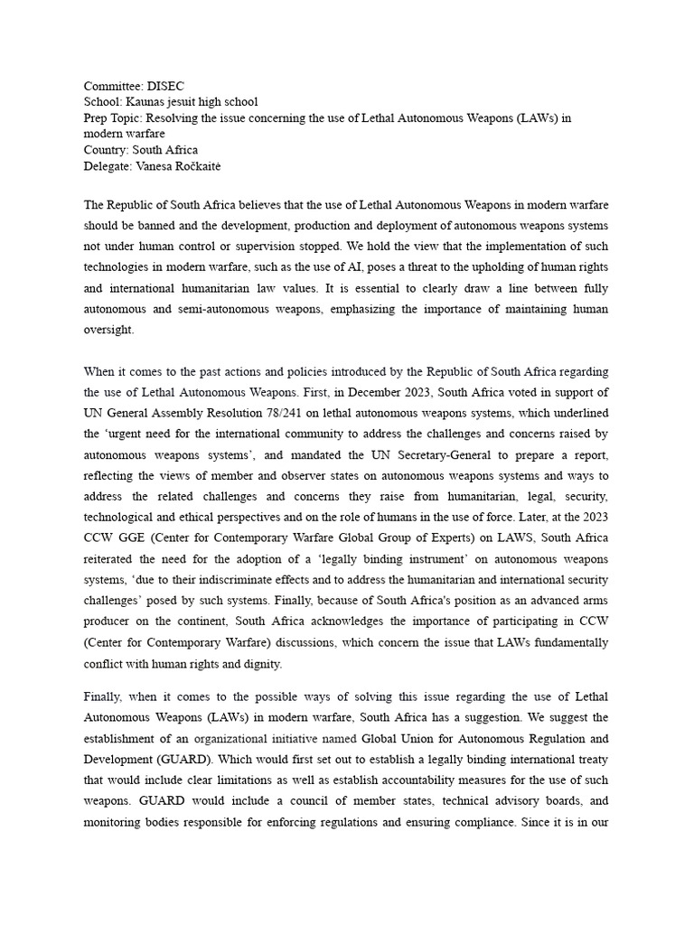 DISEC Position Paper - South Africa | PDF | Human Rights ...