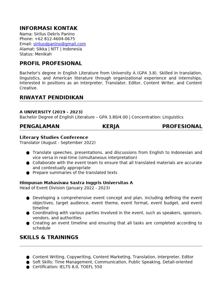 Template CV ATS-Friendly - Bahasa Inggris | PDF | Translations ...