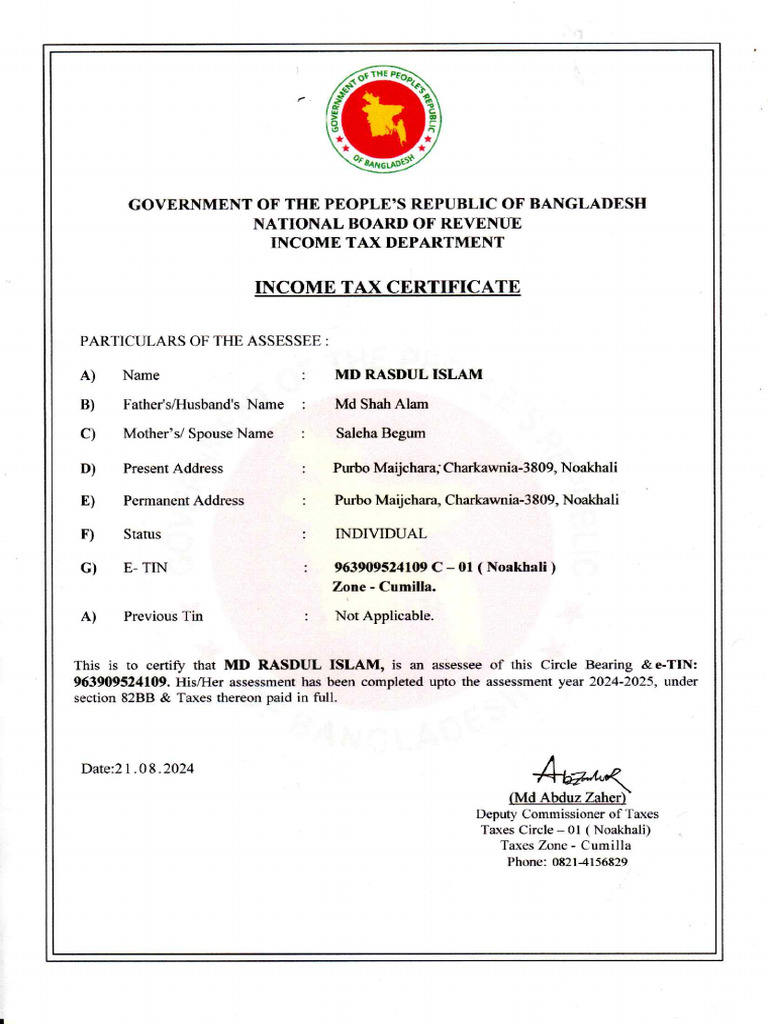 MD Rasdul Islam Income Tax Certiicate | PDF