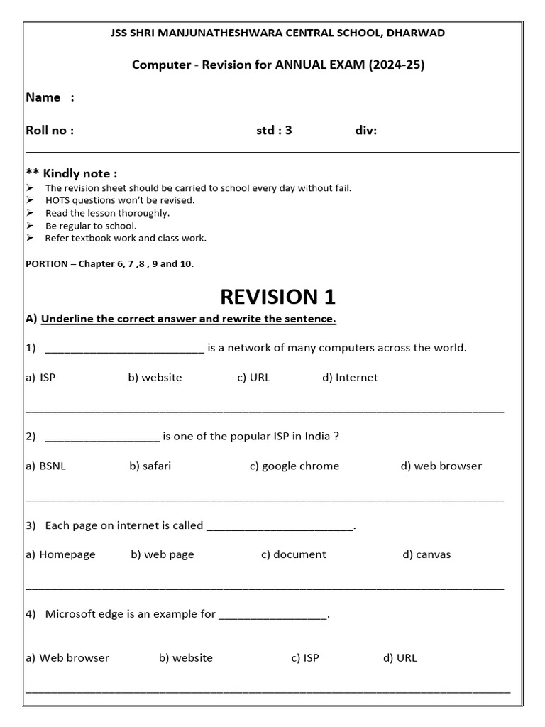 Computer Revision Sheet for Grade 3 | PDF | Internet | World Wide Web