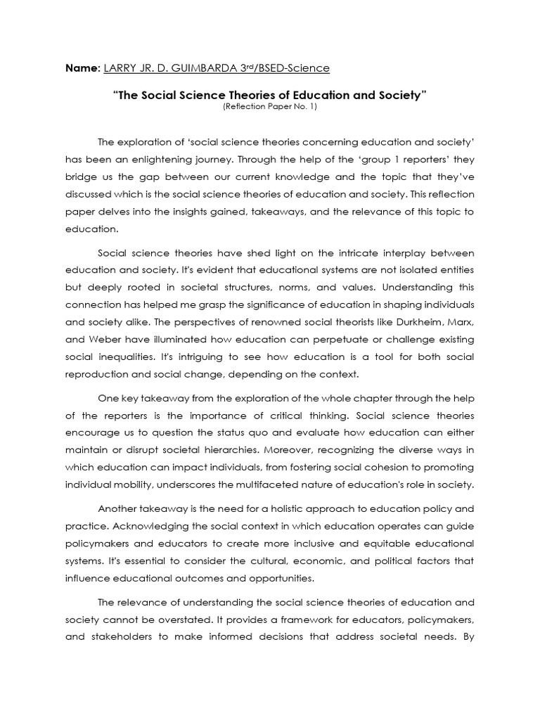 Educ 107 - Reflection Paper No. 1 | PDF | Social Sciences | Society