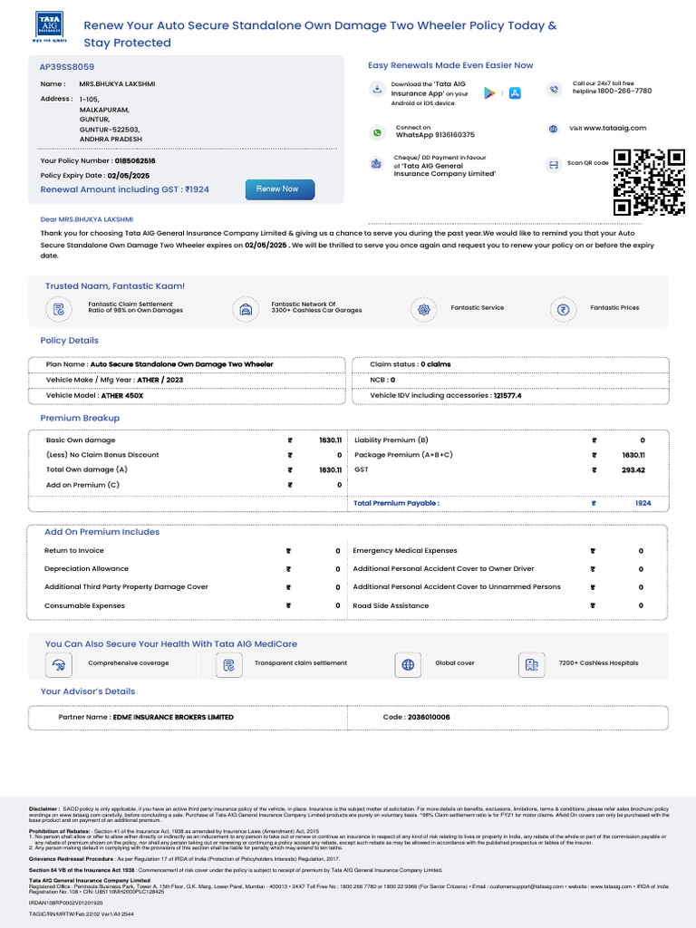 Tata AIG Two-Wheeler Insurance Renewal Guide | PDF | Insurance ...