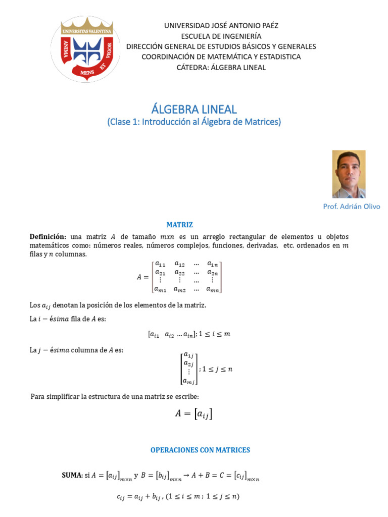 ÁLGEBRA LINEAL - Clase - 1 | PDF | Matriz (Matemáticas) | Álgebra lineal