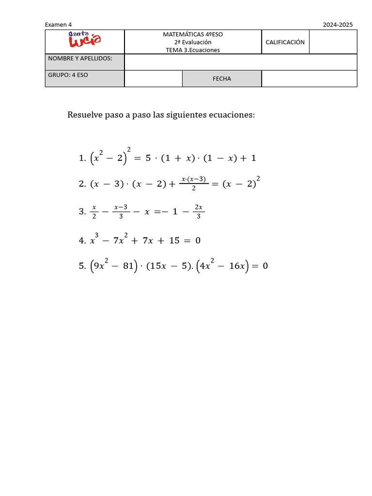 Examen 4 Eval2 Ecuaciones 4º Eso | PDF