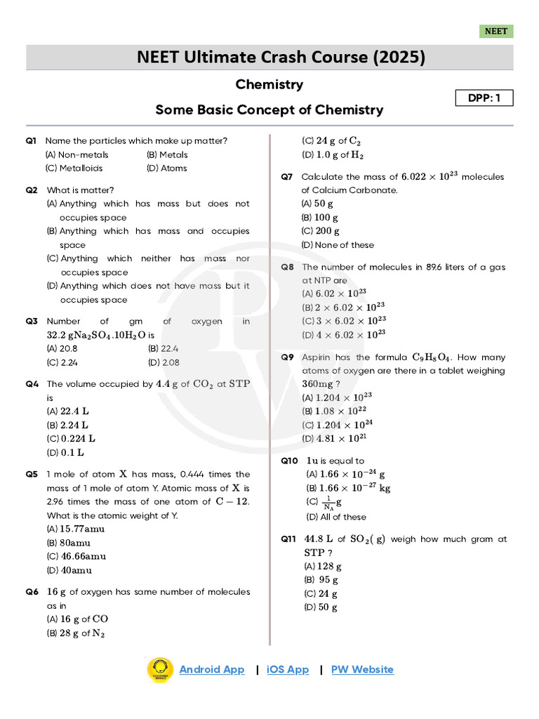 002 Some Basic Concept of Chemistry DPP 01 of Lecture 3 NEET | PDF | Mole (Unit) | Materials