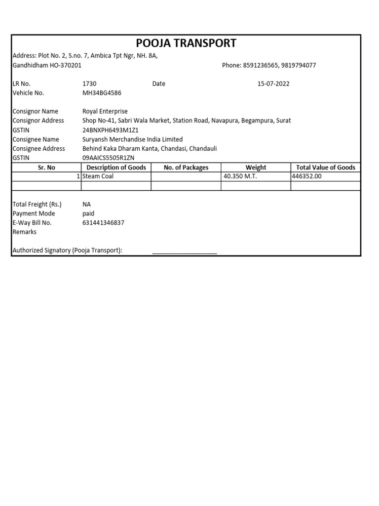 Pooja Transport: Sr. No Description of Goods No. of Packages Weight ...