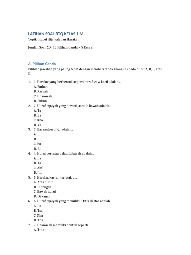 Latihan Soal BTQ Kelas 1 MI | PDF