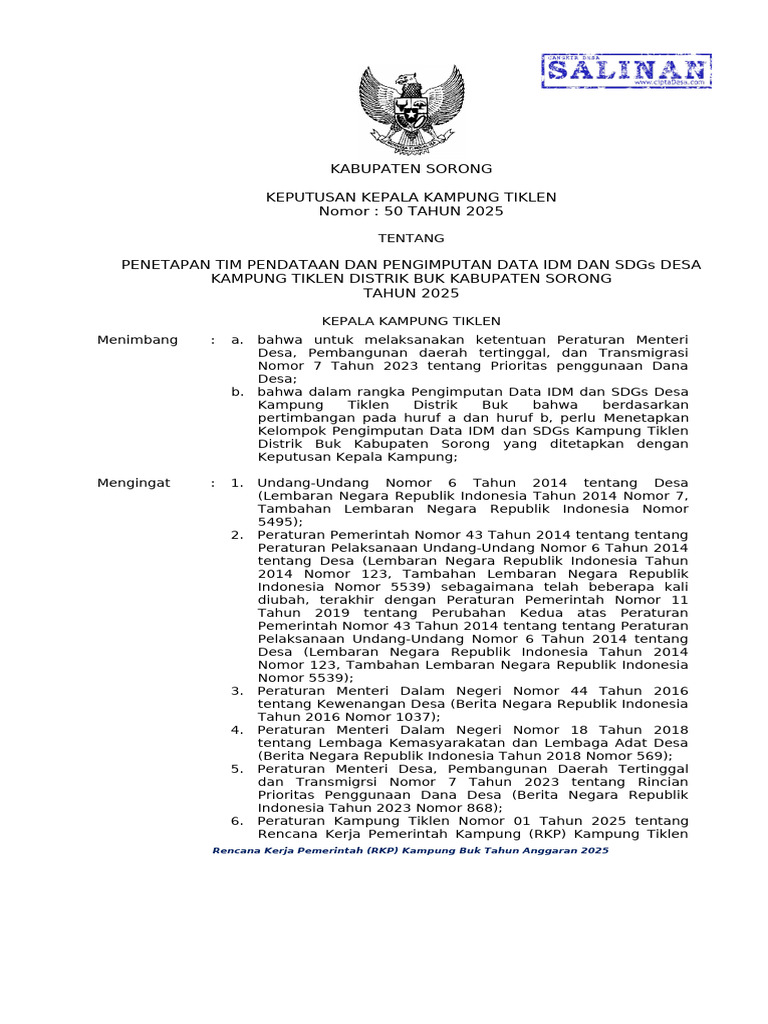 RKP Tiklen 2025 - Dokumen SDGs Desa | PDF